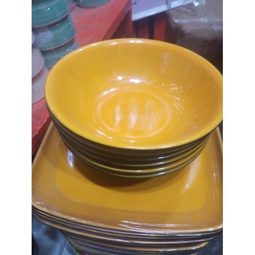12 Pieces Unbreakable Ceramic Bowl & Flat Curved Plates- Yellow ...